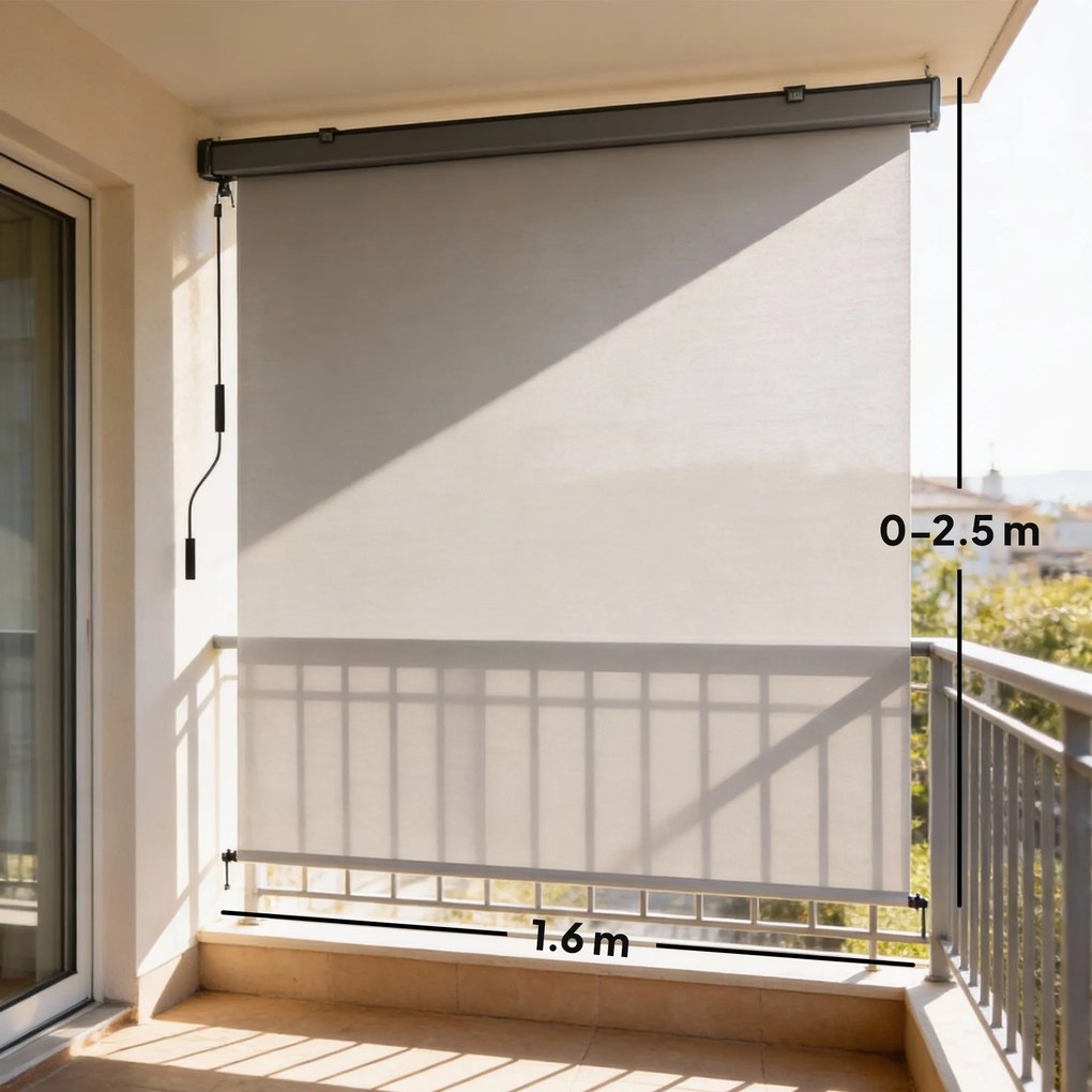 Outsunny bezšňůrová venkovní roletta, UPF50+ voděodolné stínění pro terasu, balkon nebo altánek, 250 × 160 cm, krémová