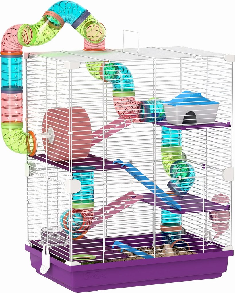 Klec pro křečky PawHut, 4 úrovně s tunely, krmítkem, kolem, domkem a žebříky, rozměry 46D x 30Š x 58V cm, fialová