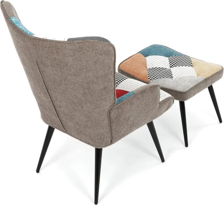 Relaxační křeslo ušák s taburetem ROYAL II — kov, voděodolná látka, patchwork