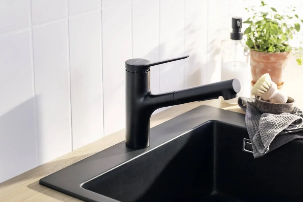 Hansgrohe Zesis M33, páková kuchyňská baterie 150, vytahovací sprška, 2jet, černá matná, HAN-74820670