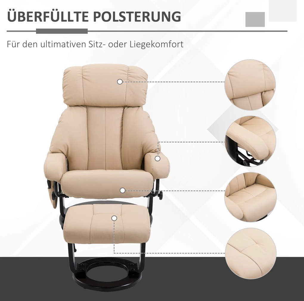 HOMCOM Polohovací křeslo s funkcí polohování, masážní křeslo, TV křeslo, polohovací křeslo, ergonomické křeslo s taburetem, béžová barva, 76 x 80 x 1…