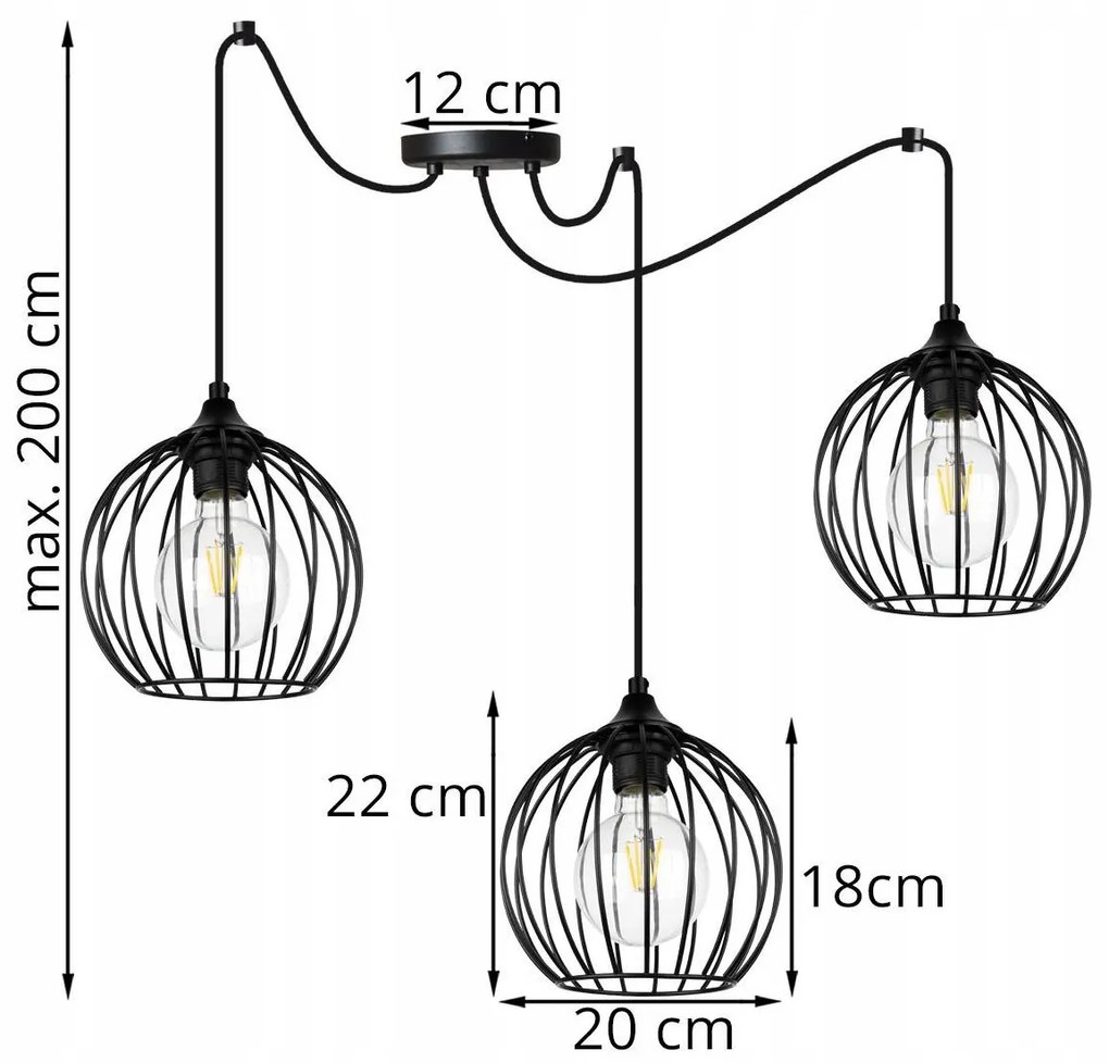 Závěsné svítidlo Toronto Spider, 3x černé drátěné stínítko