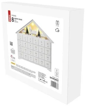 EMOS LED svítící dřevěný adventní kalendář, teplá bílá, 35x33m, 2xAA, časovač, bílý ZY2316