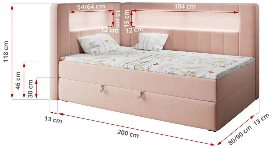 Dětská kontinentální postel MAIA s LED osvětlením Levá