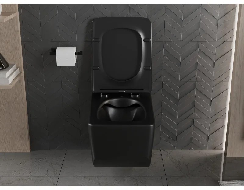 Mexen Vera, závěsné WC Rimless 51 x 36 cm s pomalu padajícím sedátkem z duroplastu, černá matná, 30164070