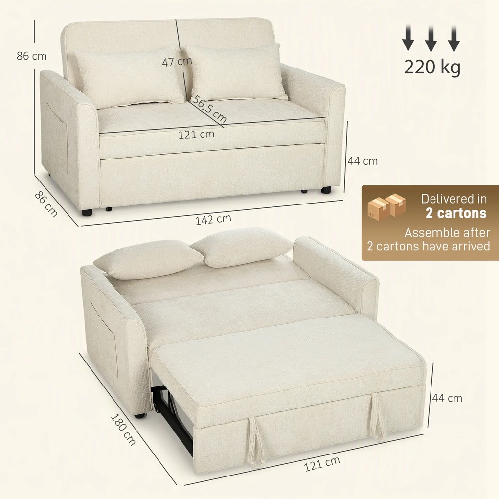 HOMCOM 2místná rozkládací pohovka 3-v-1, Clic-Clac Chenille pohovka 142 cm, nastavitelné opěradlo, 2 polštáře, béžová
