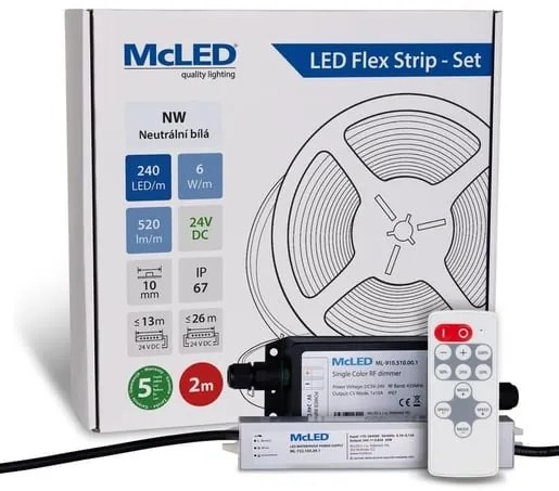 McLED  LED pásek - sada 2 m + Přijímač Nano IP67, 240 LED/m, NW, 6 W/m, DC 24V, 520 lm/m, CRI90, IP67, 10 mm, vodič 3 m ML-126.033.90.S02002