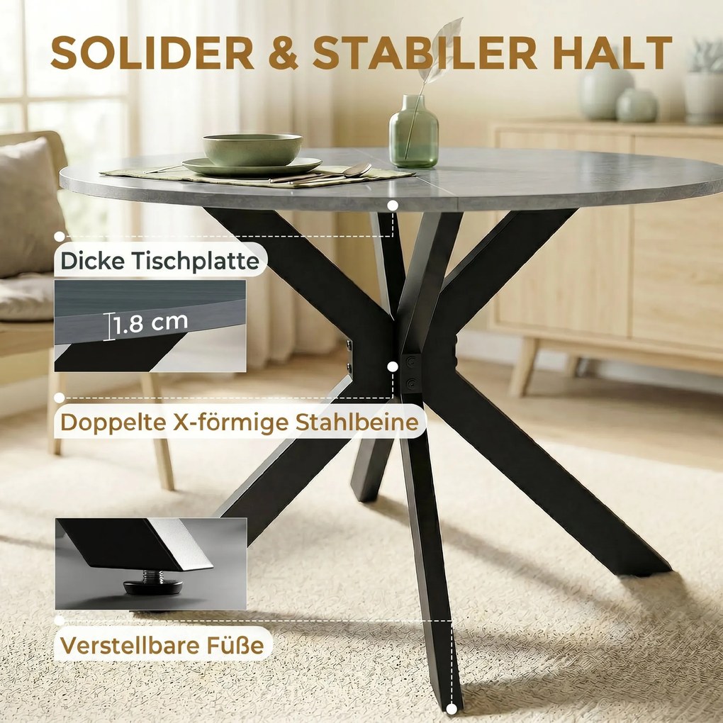 HOMCOM kulatý skládací jídelní stůl, pro 2–6 osob, ocelové nohy do kříže, do malých prostor, jídelna, kuchyně, 110 x 76 cm, cementově šedý