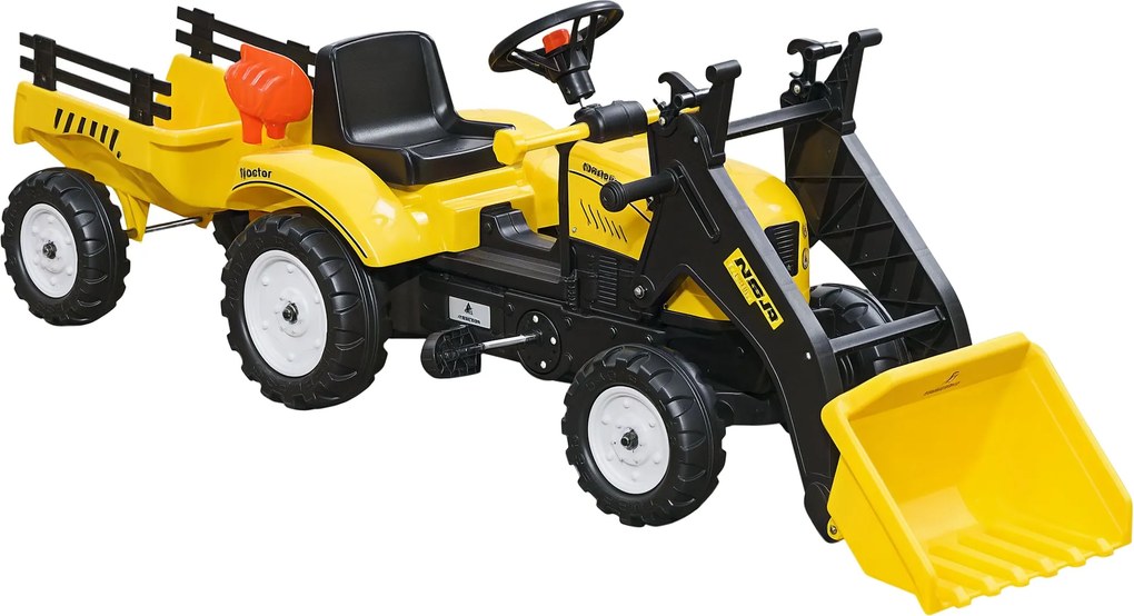 HOMCOM Pedálový Traktor s Přívěsem a Nastavitelným Lžicí Loaderem pro Děti od 3 Let Žlutý | Aosom
