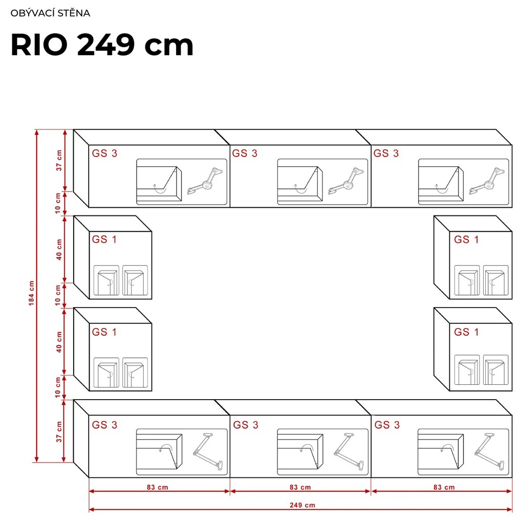 Ral Obývací stěna RIO 4, 249 cm -Bílo/černý lesk