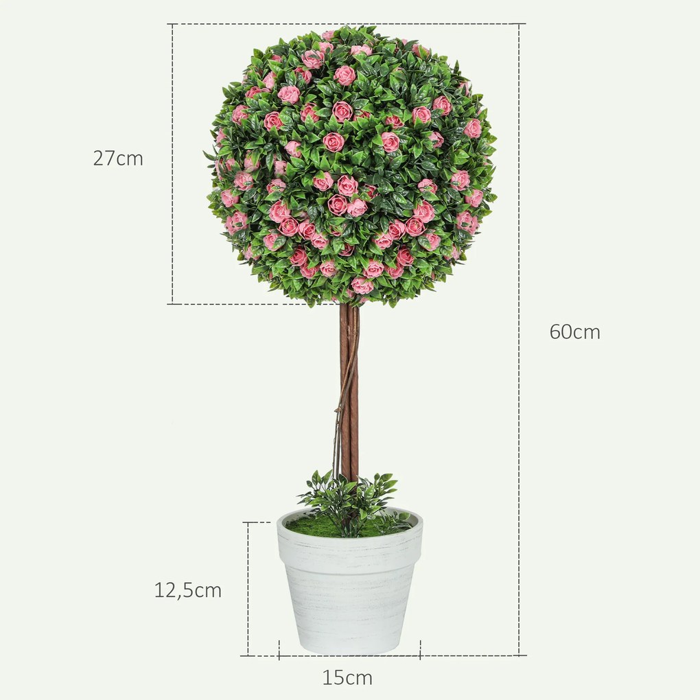 HOMCOM Umělé růže 2ks sada 60 cm, umělá rostlina s růžovými květy, UV ochrana pro vnitřní i venkovní použití