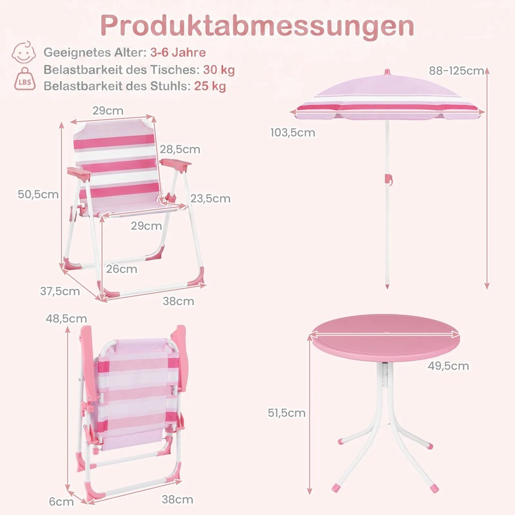 Costway Dětská sedací skupina s výškově nastavitelným slunečníkem 4 – růžový