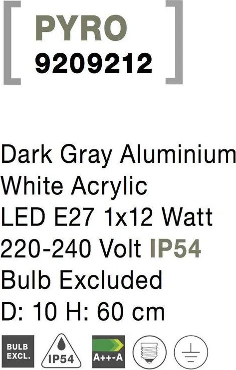 NV 9209212 Venkovní sloupkové svítidlo PYRO tmavě šedý hliník bílý akryl E27 1x12W 220-240V IP54 bez žárovky - NOVA LUCE