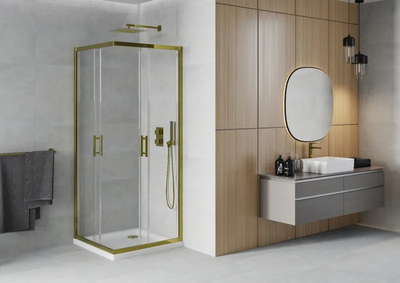 Mexen Rio, čtvercový sprchový kout s posuvnými dveřmi 70 (dveře) x 70 (dveře) x 190 cm, 5mm čiré sklo, zlatý profil + sprchová vanička SLIM se zlatým sifonem, 860-070-070-50-00-4010G