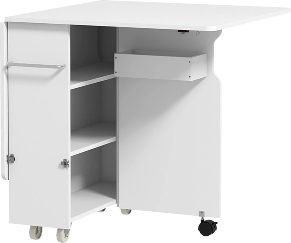 Skládací stůl HOMCOM s vyklápěcími deskami a 3 úrovněmi polic, úložná skříňka a kola, MDF, 130x80x76,5 cm, bílý