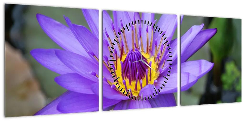 Obraz - Fialová květina (s hodinami) (90x30 cm)