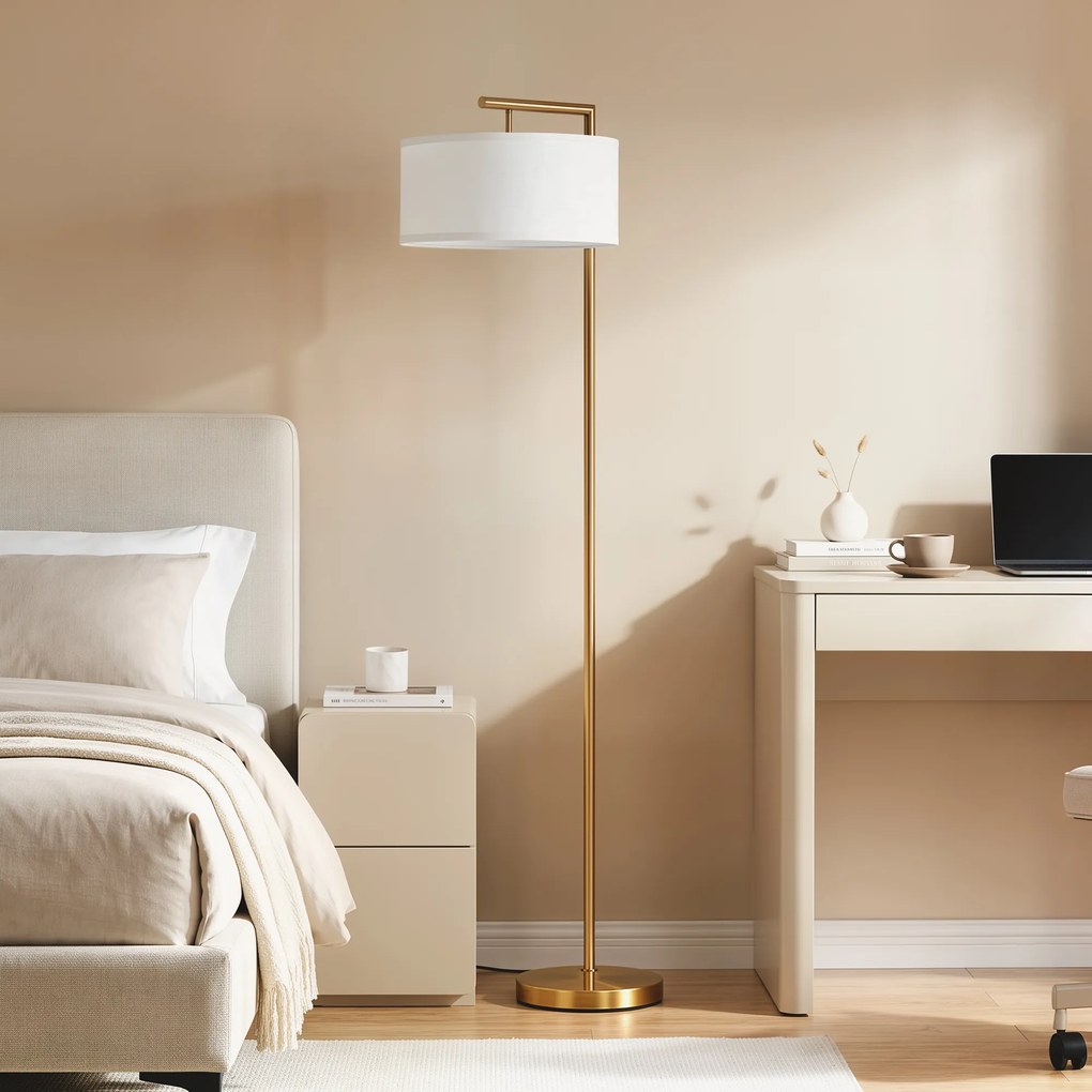 HOMCOM Stojací lampa s paticí E27 Stojací lampa do obývacího pokoje ložnice kancelář, kov ocel plátno zlatá bílá 47x37x153 cm