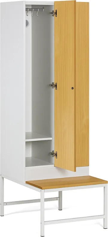 Šatní skříňka S1 s lavičkou, 2 oddíly, 1875 x 600 x 500/800 mm, RFID zámek, laminované dveře, bílá