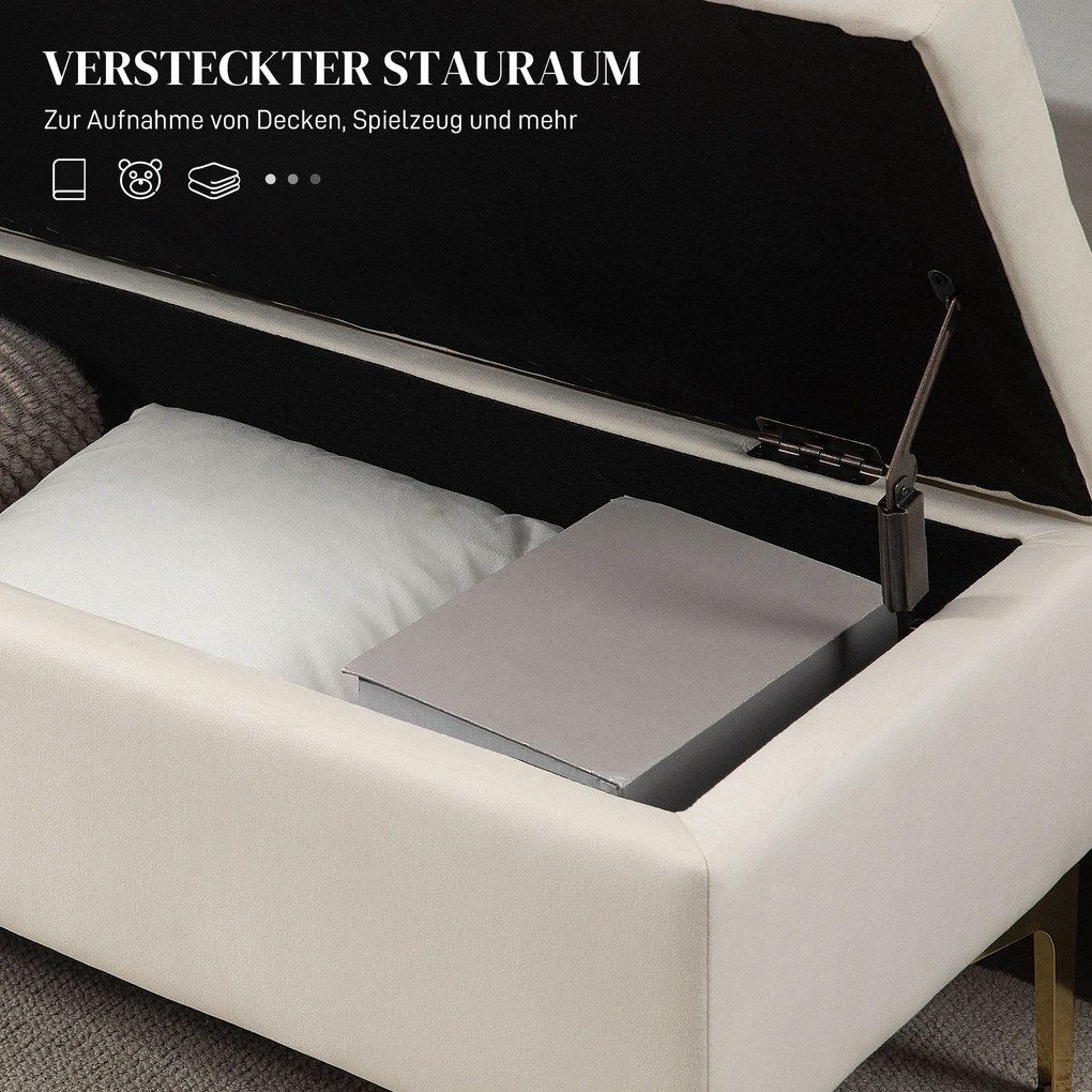 HOMCOM Lavice s úložným prostorem čalouněná lavice sametový vzhled kovové nohy lavice do obývacího pokoje ložnice předsíně 120 x 44,5 cm béžová