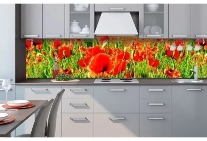 DIMEX | Fototapeta do kuchyně Červené vlčí máky KI-260-028 | 260 x 60 cm | zelená, červená