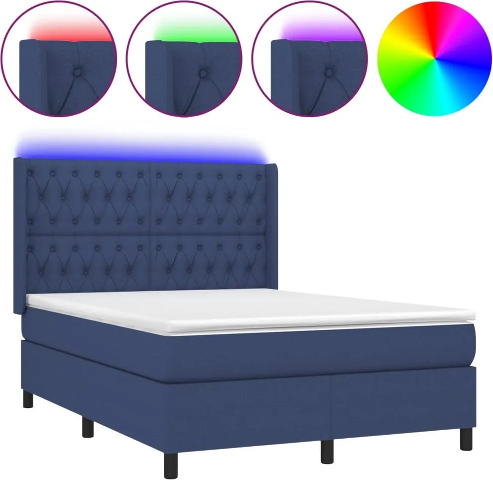 Box spring postel s matrací a LED modrá 140x200 cm textil 3138563