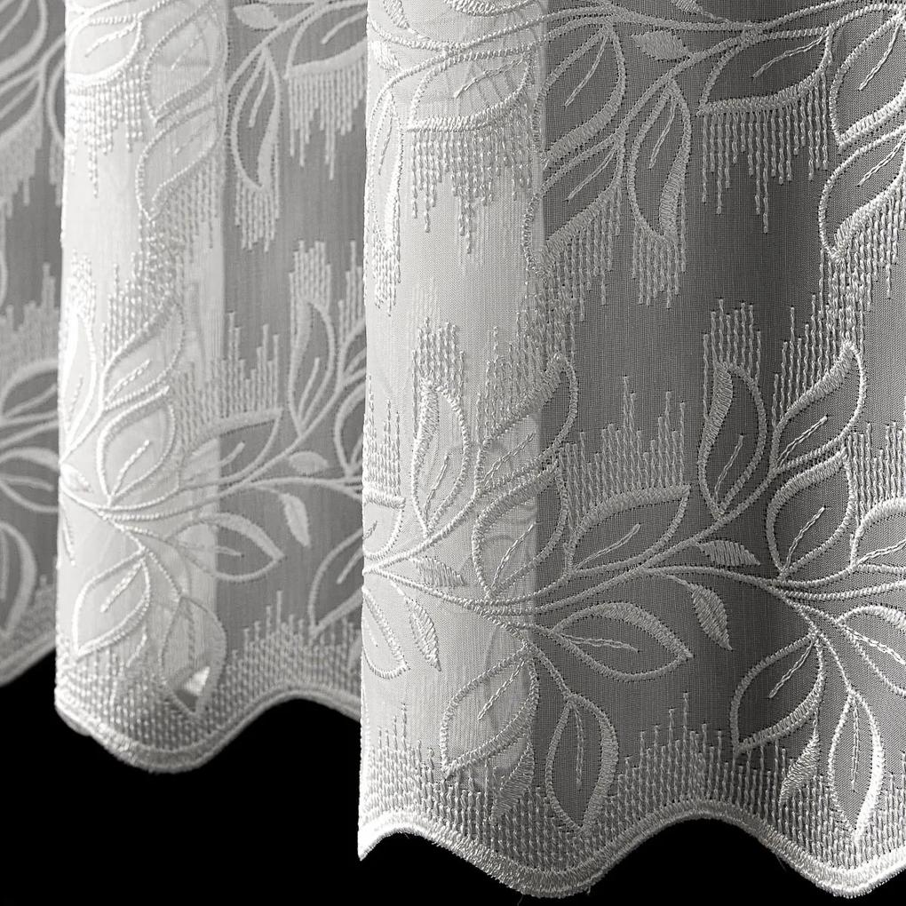 Českomoravská textilní záclona polyesterový batist V407 vyšívané listy, s bordurou, bílá, výška 250cm (v metráži)