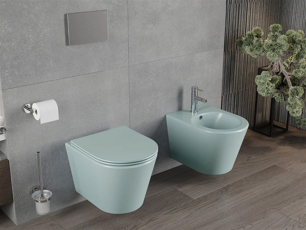 Mexen Rico, závěsné WC Rimless s WC deskou slim, duroplast, zelená matná, 30724048