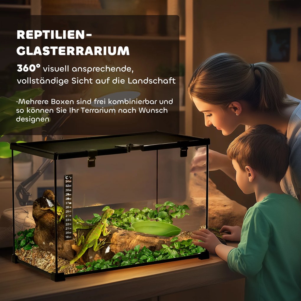 PawHut terárium pro plazy 50 x 30 x 35 cm, skleněný teráriový box pro chov plazů, kovová konstrukce
