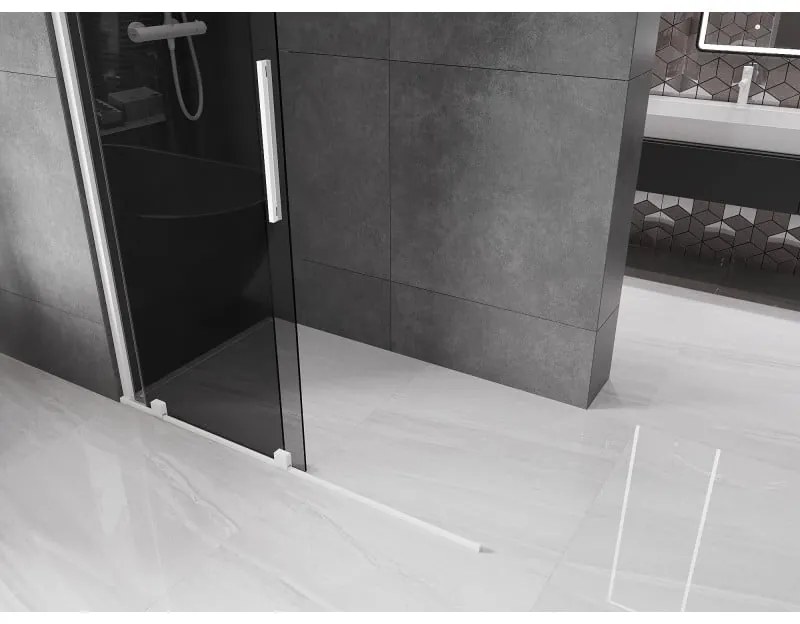 Mexen Velar, sprchová zástěna s posuvnými dveřmi Walk-in 160 x 200 cm, 8mm šedé sklo, bílá matná, 871-160-000-43-20