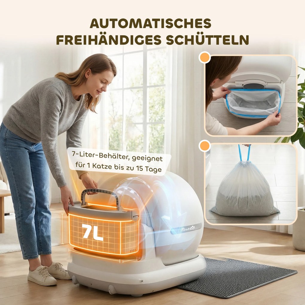 PawHut Samočisticí kočičí toaleta, XL 72L, samočisticí kočičí záchod s HD kamerou, ovládání přes aplikaci, sáčky na odpad, pro 1-12 kg