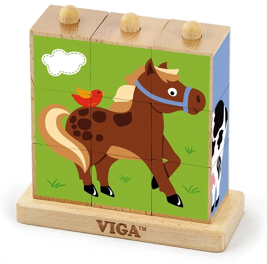 Dřevěné puzzle kostky na stojánku Viga Farma Multicolor