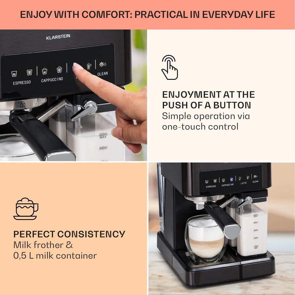 Klarstein Arabica Comfort, kávovar s portafiltrem, 1350 W, 20 bar, 1,8 l, dotykový displej