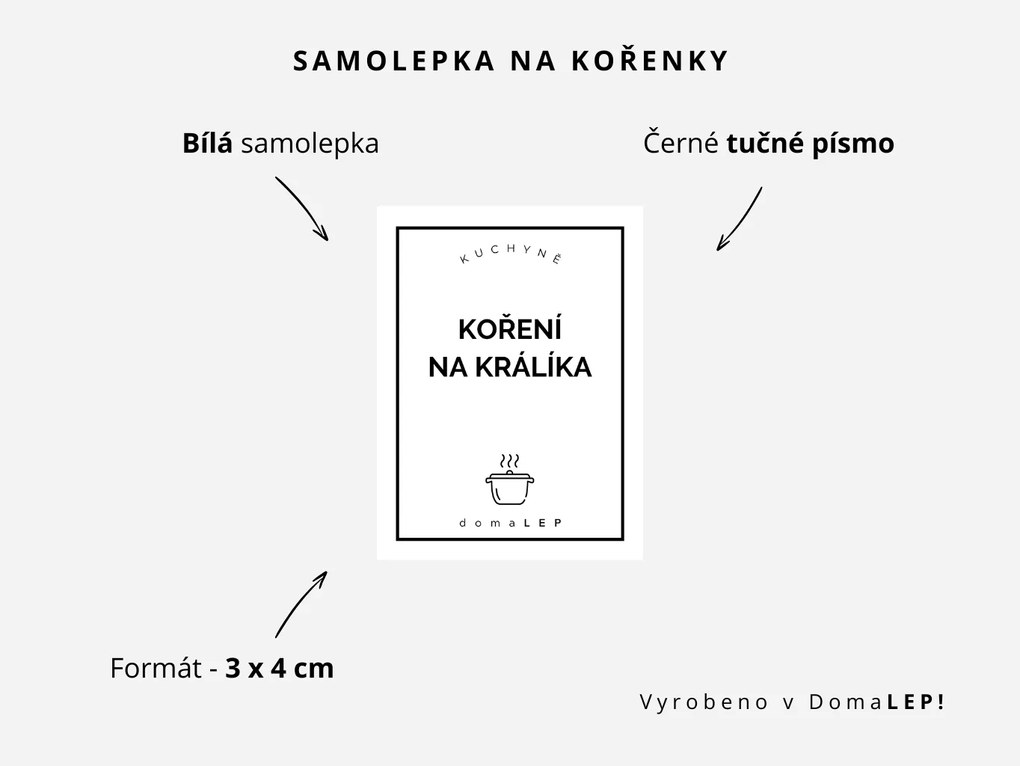 KOŘENÍ NA KRÁLÍKA - Samolepka na kořenky 3 x 4 cm - DomaLEP varianta: PRŮHLEDNÁ - tučné písmo