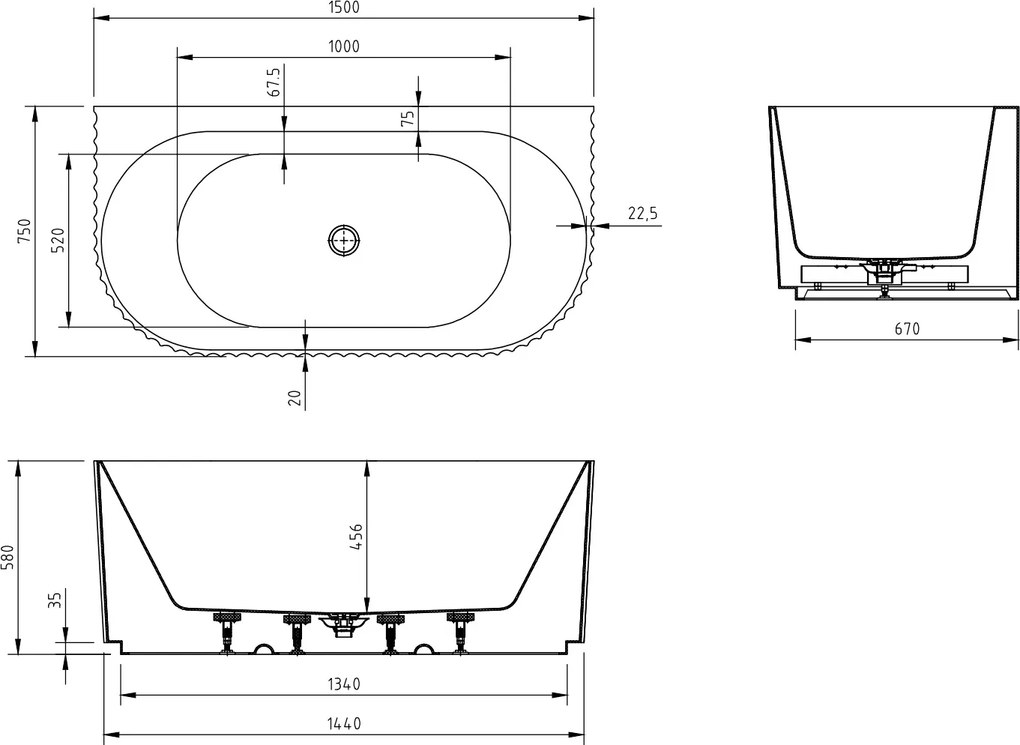 Mexen Sella, volně stojící vana ke stěně, drážkovaná, 150 x 75 cm, černá matná, 52711507571-SS