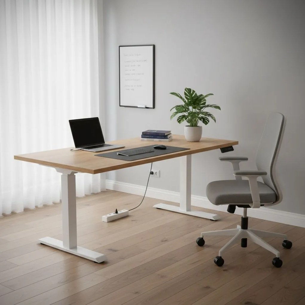 Výškově nastavitelný stůl OfficeTech D, 180 x 80 cm, bílá podnož, dub kraft