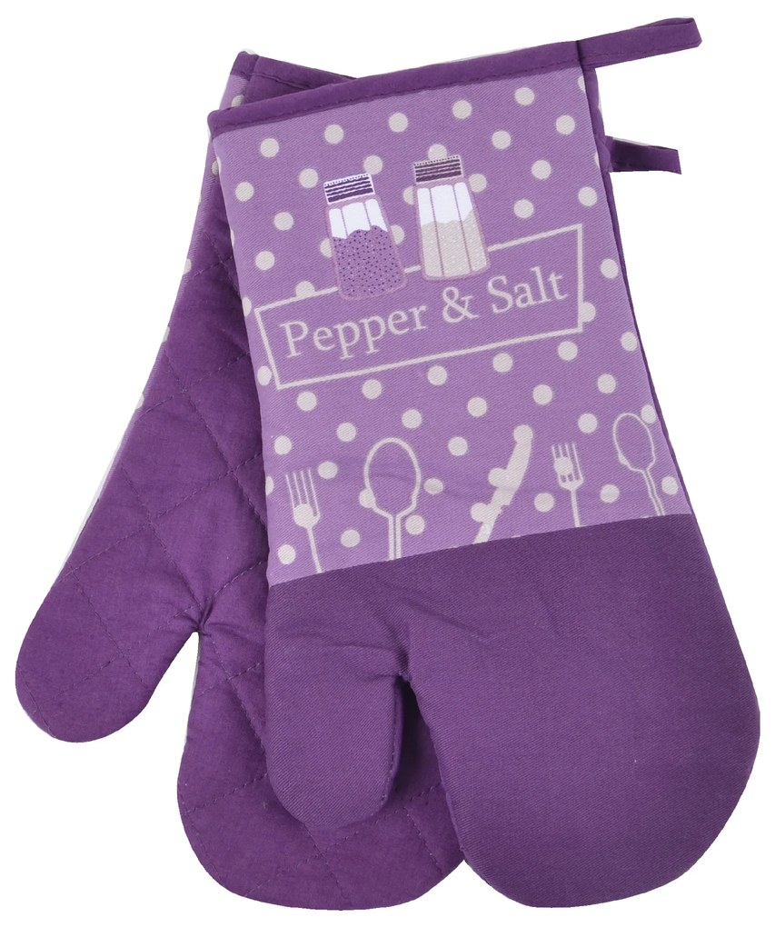 Kuchyňské bavlněné rukavice chňapky PEPŘ A SŮL, fialová, 18x30 cm , 100% BAVLNA Essex