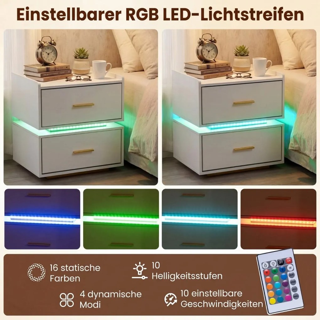 Costway Noční stolek s nabíjecí stanicí LED 2 zásuvkami moderní poloplovoucí