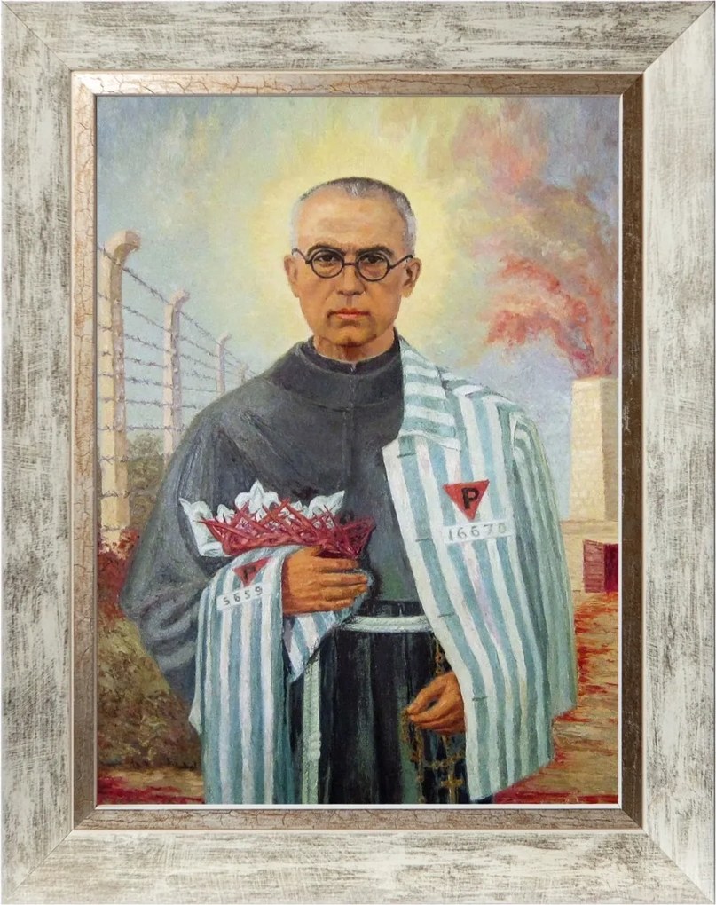 Svatý Maximilián Kolbe Náboženský Obraz Na Plátně V Bílém Rámu 30X40