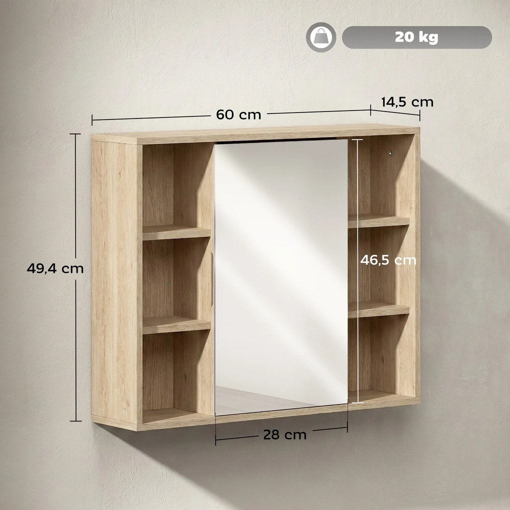 HOMCOM Závěsná zrcadlová skříňka do koupelny — 6 otevřených polic a zrcadlové dveře, přírodní dřevo, 60 × 14,5 × 49,4 cm (23,6 × 5,7 × 19,4 in)