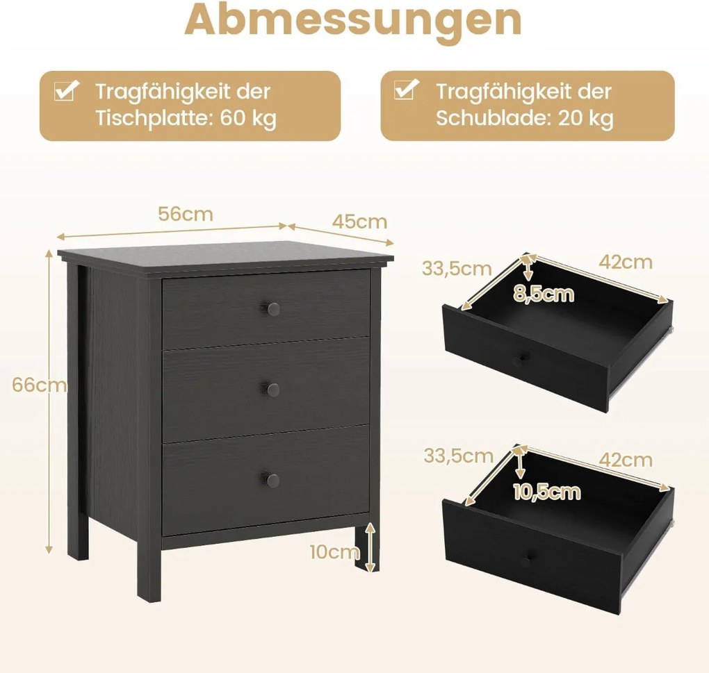 Costway Noční stolek s 3 zásuvkami k pružinové posteli – 56 × 45 × 66 cm