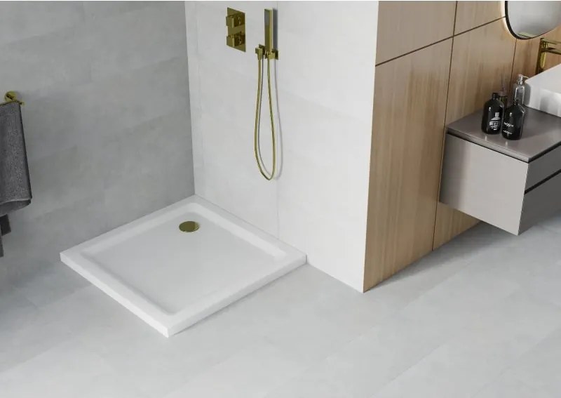 Mexen Flat čtvercová sprchová vanička slim 90 x 90 cm, bílá, sifon zlatý - 40109090G