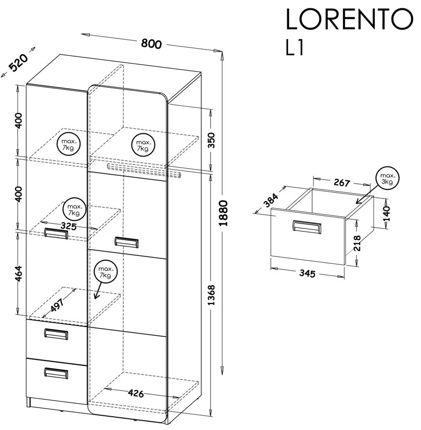 Šatní skříň LORENTO L1 Dolmar 80/188/52 Barva: jasan coimbra/fialová