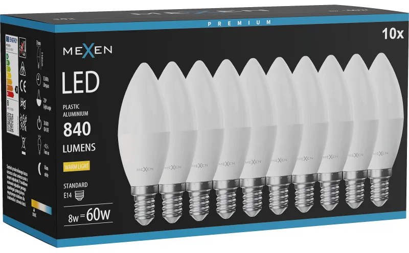 Mexen Nova 10x LED žárovka E14, C37, 8W, Teplá - 3000K, 840 lm - L102-E14-0830-01x10