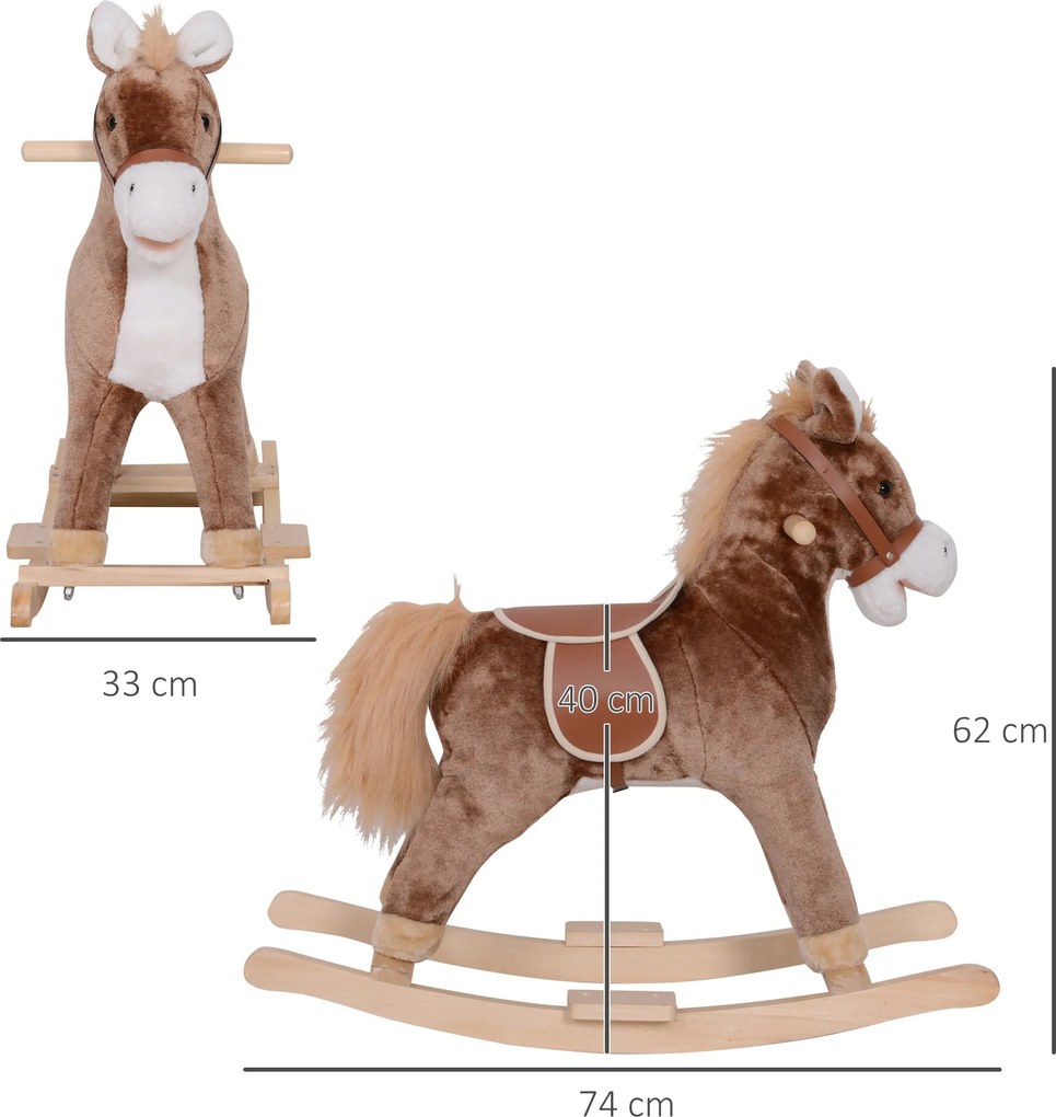 HOMCOM Houpací hřebec s cowboyským sedlem - Velké pohodlí, krátký měkký plyš, topolové dřevo, hnědý | Aosom