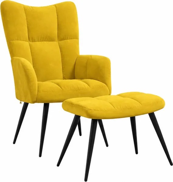 křeslo relaxační, s podnožkou, odpočinkové, ušák, kov/samet, 98x63x69 cm, černá/hořčicově žlutá, Dekorino KR20260019
