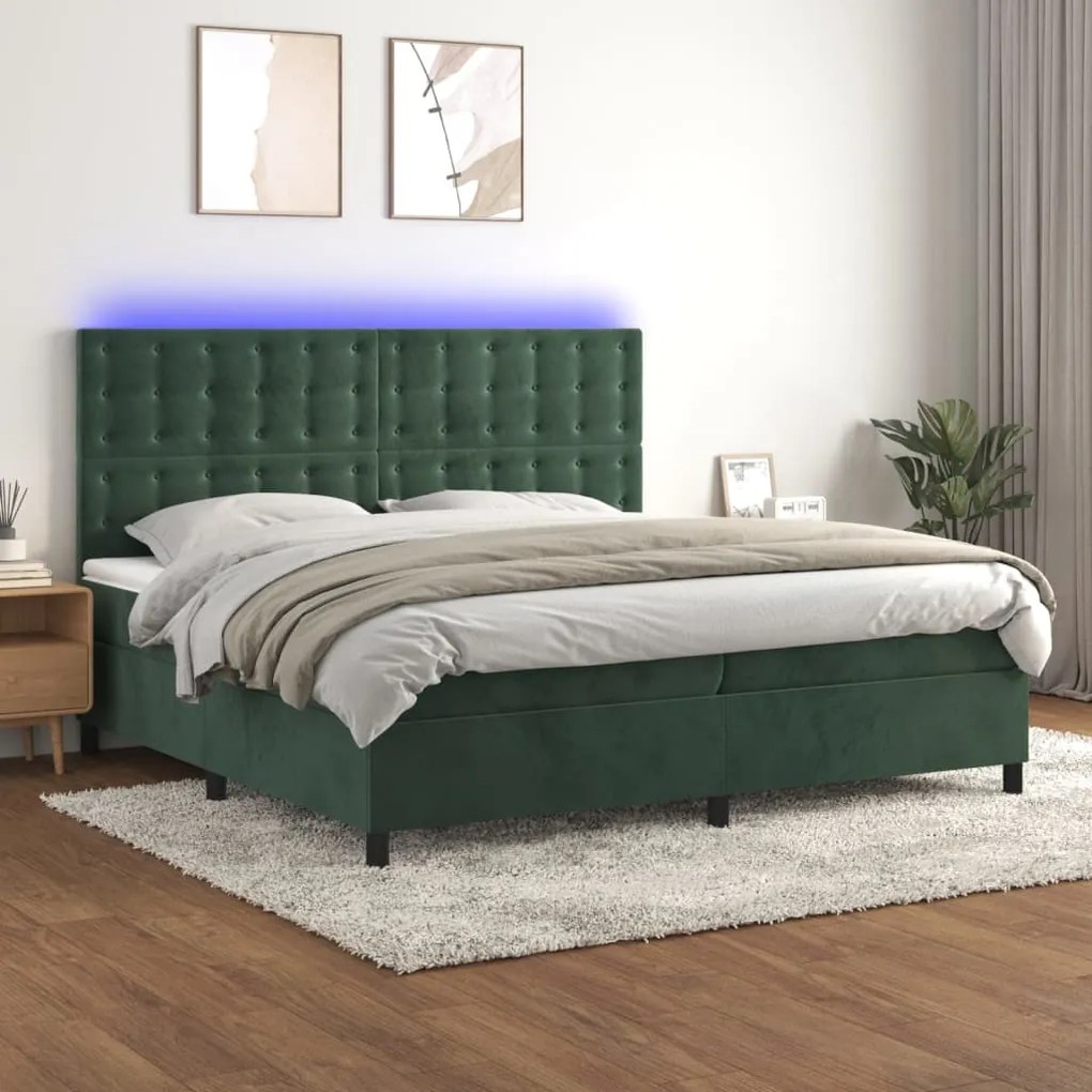 Box spring postel s matrací a LED tmavě zelená 200x200 cm samet 3136386