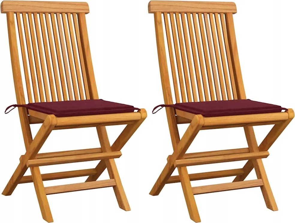 Zahradní židle s vínovými poduškami 2 ks masivní teak