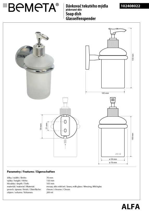 Bemeta Design ALFA: Dávkovač mýdla, 200 ml - 102408022