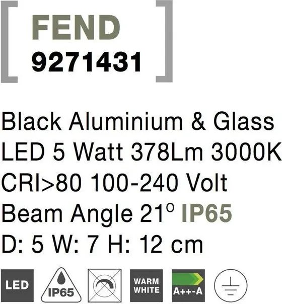 NV 9271431 Venkovní nástěnné svítidlo FEND černý hliník a sklo LED 5W 3000K 100-240V 21st. IP65 - NOVA LUCE