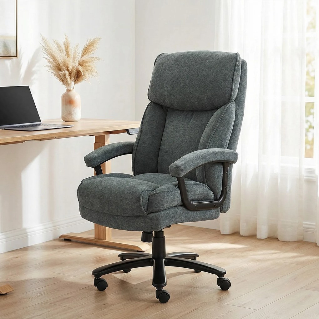Kancelářská židle HOMCOM, ergonomická kancelářská židle s houpací funkcí, lněný vzhled, výškově nastavitelná židle k PC s funkcí otáčení, silné polšt…